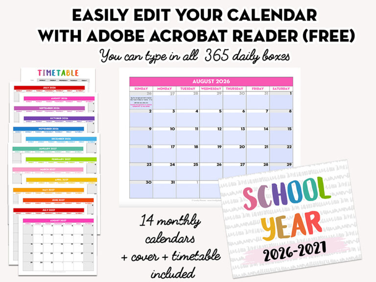 SALE - Editable School Calendar - Lovely Planner