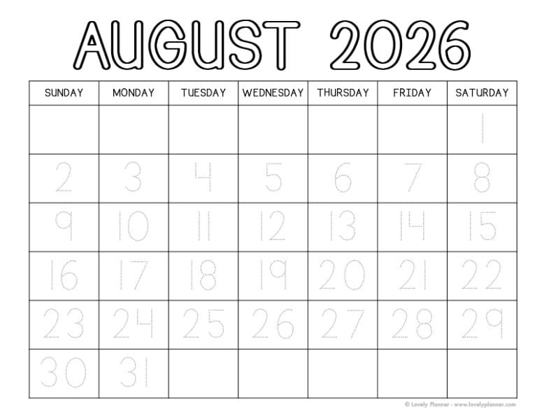 Free Printable Traceable Calendar for Kids {2026-2027} - Lovely Planner